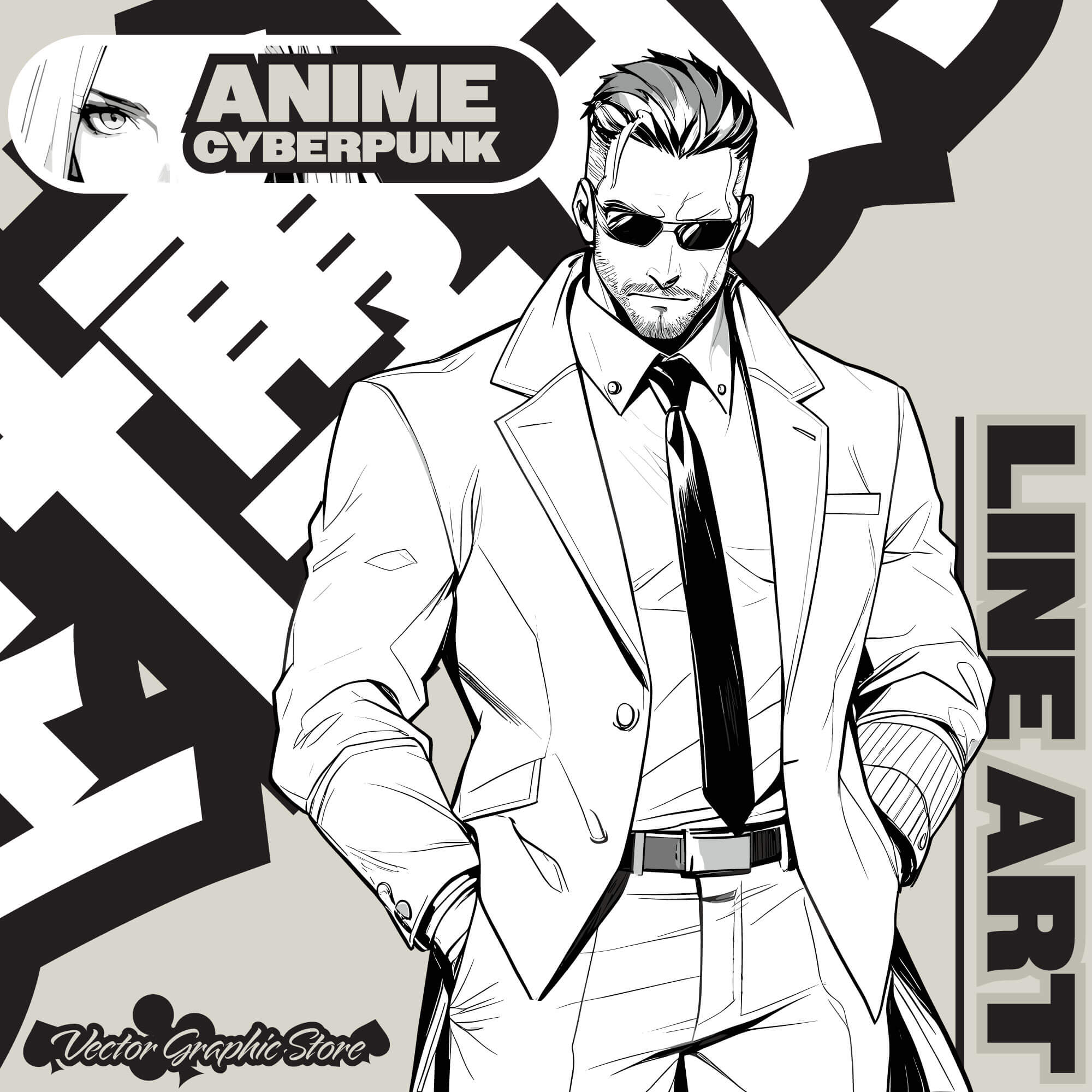 Corporate Enforcer - Cyberpunk Line Art Male Character - Vector Graphic ...